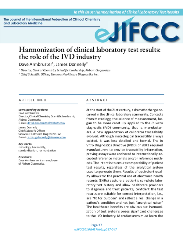 (PDF) Harmonization of Clinical Laboratory Test Results: The Role of ...