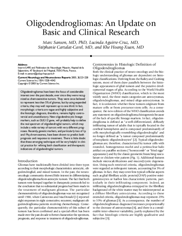 (PDF) Oligodendrogliomas: An update on basic and clinical research