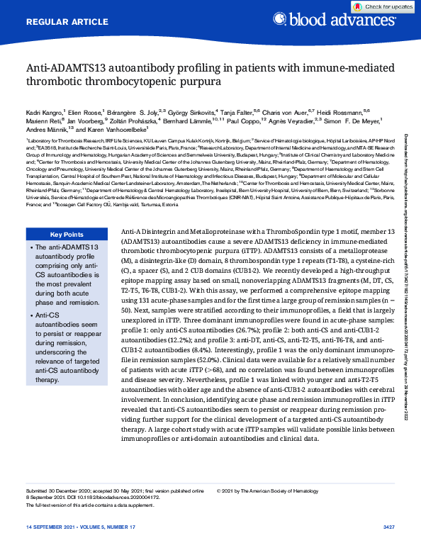 (PDF) Anti-ADAMTS13 autoantibody profiling in patients with immune ...