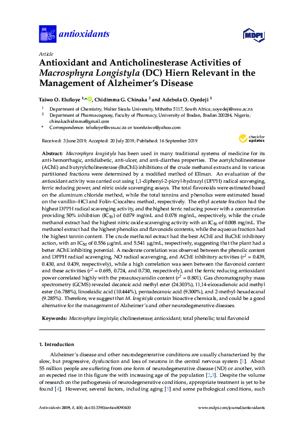 (PDF) Antioxidant and anti-cholinesterase activities of Lavandula viridis L’Hér extracts after ...