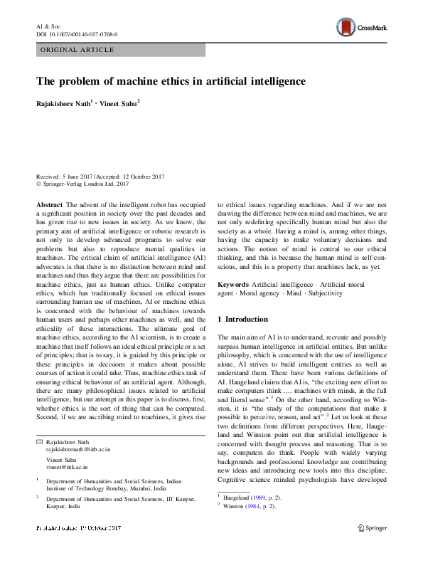 (PDF) The problem of machine ethics in artificial intelligence