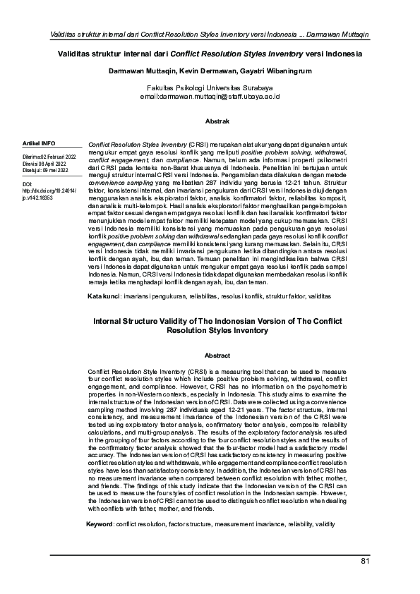 (PDF) Validitas struktur internal dari Conflict Resolution Styles ...