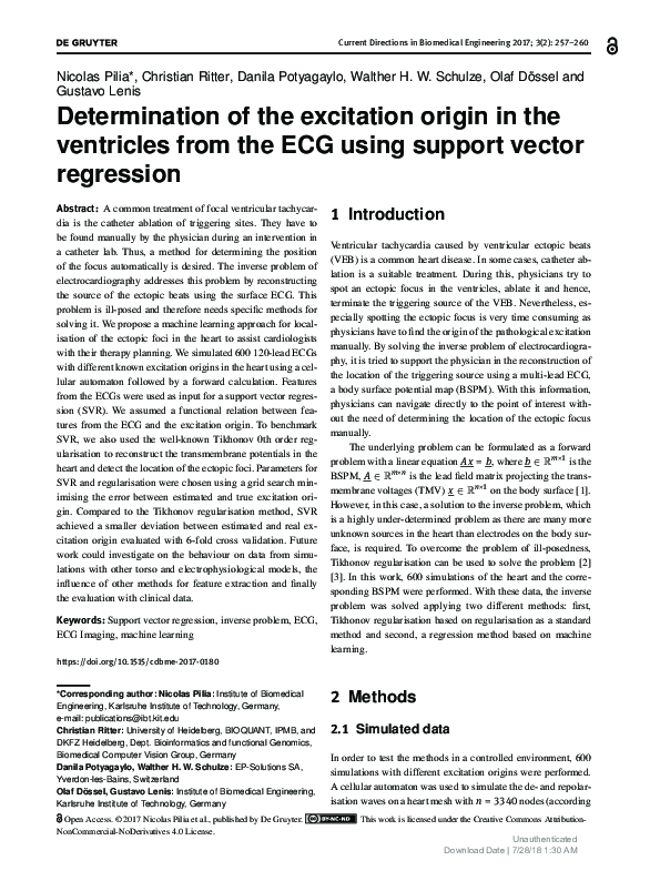 (PDF) Determination of the excitation origin in the ventricles from the ECG using support vector ...