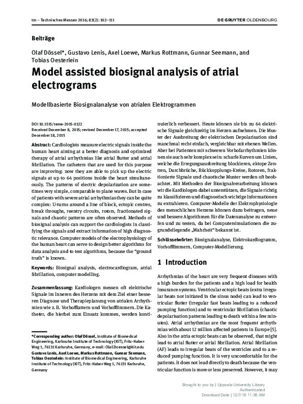 (PDF) Model assisted biosignal analysis of atrial electrograms