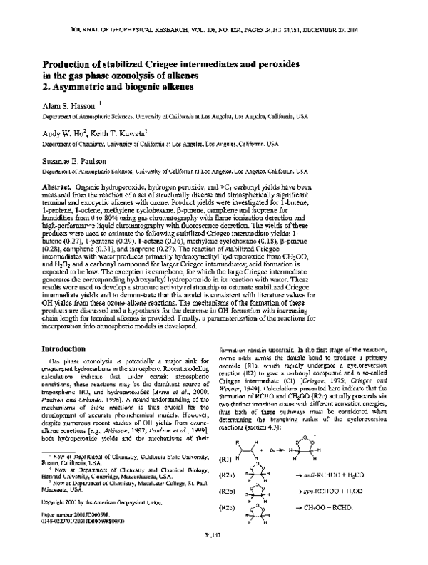 (PDF) Production of stabilized Criegee intermediates and peroxides in ...