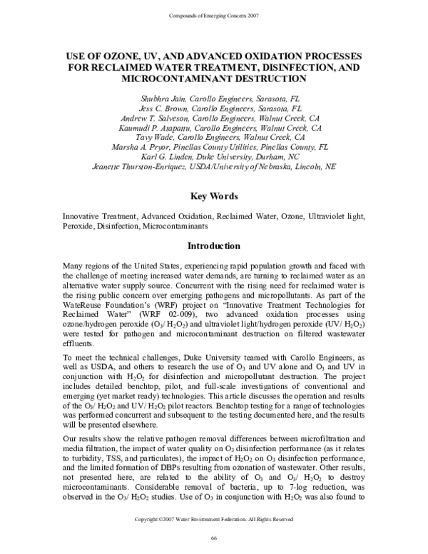 (PDF) Use of Ozone, UV, and Advanced Oxidation Processes For Reclaimed ...