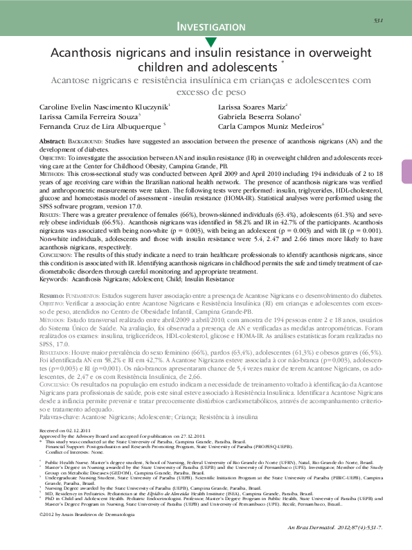(PDF) Acanthosis nigricans and insulin resistance in overweight ...
