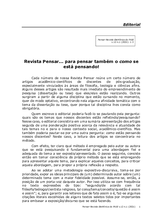 (PDF) Revista Pensar... para pensar também o como se está pensando