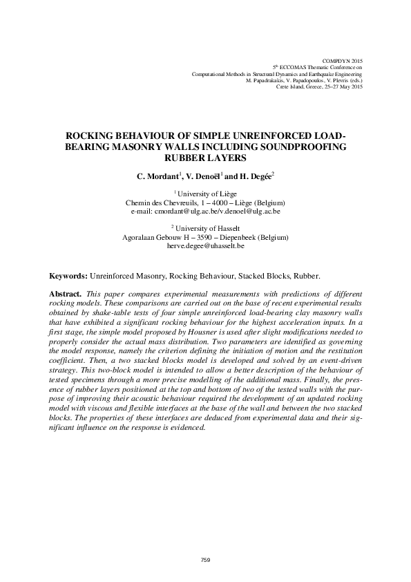 (PDF) Rocking Behaviour of Simple Unreinforced Load-Bearing Masonry Walls Including ...