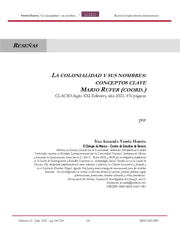 (PDF) Reseña. La colonialidad y sus nombres: conceptos clave de Mario Rufer