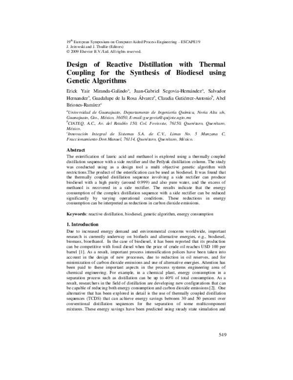Pdf Design Of Reactive Distillation With Thermal Coupling For The Synthesis Of Biodiesel Using
