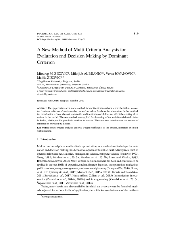 Pdf A New Method Of Multi Criteria Analysis For Evaluation And Decision Making By Dominant