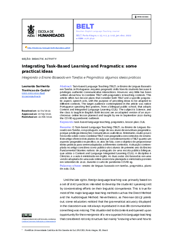 (PDF) Integrating Task-Based Learning and Pragmatics