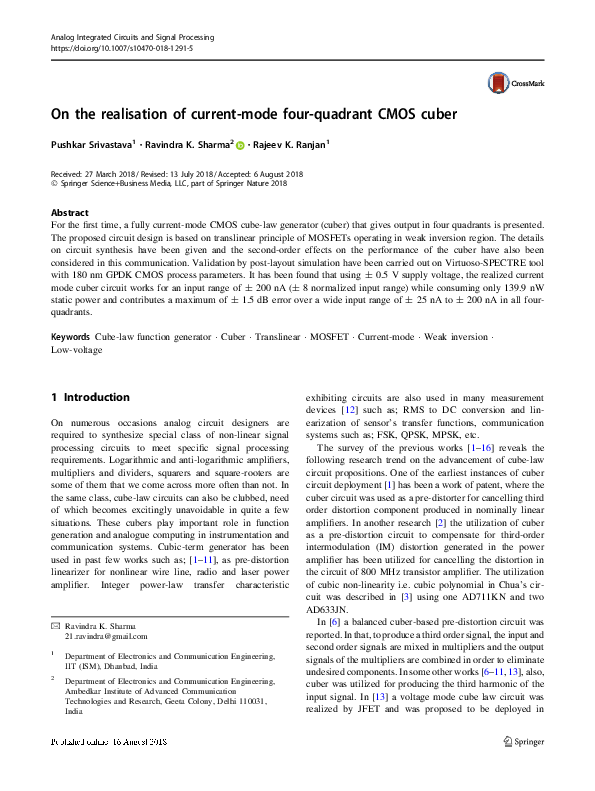 (PDF) On the realisation of current-mode four-quadrant CMOS cuber