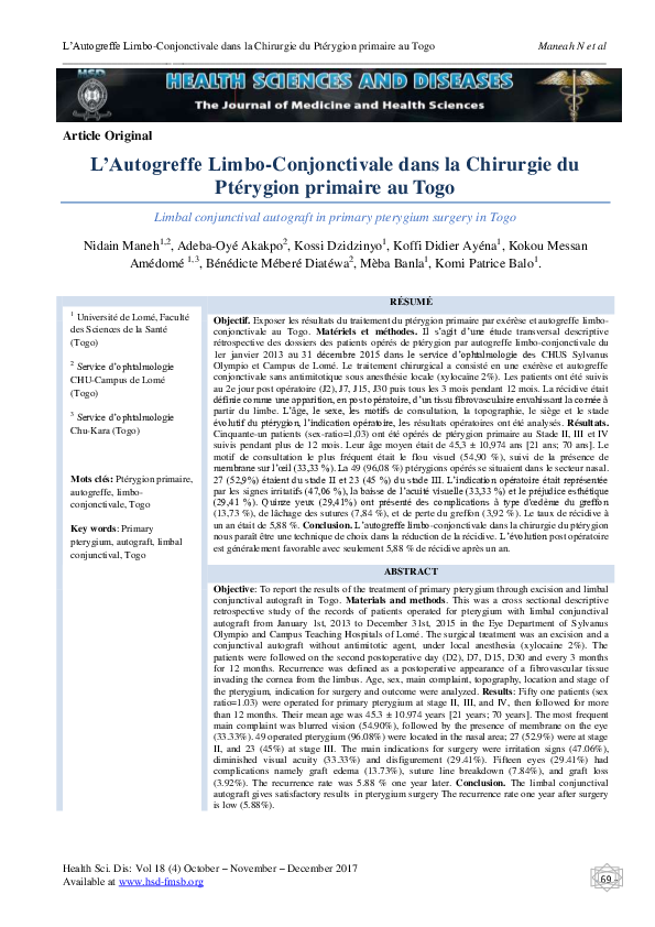 (PDF) L’Autogreffe Limbo-Conjonctivale dans la Chirurgie du Ptérygion ...