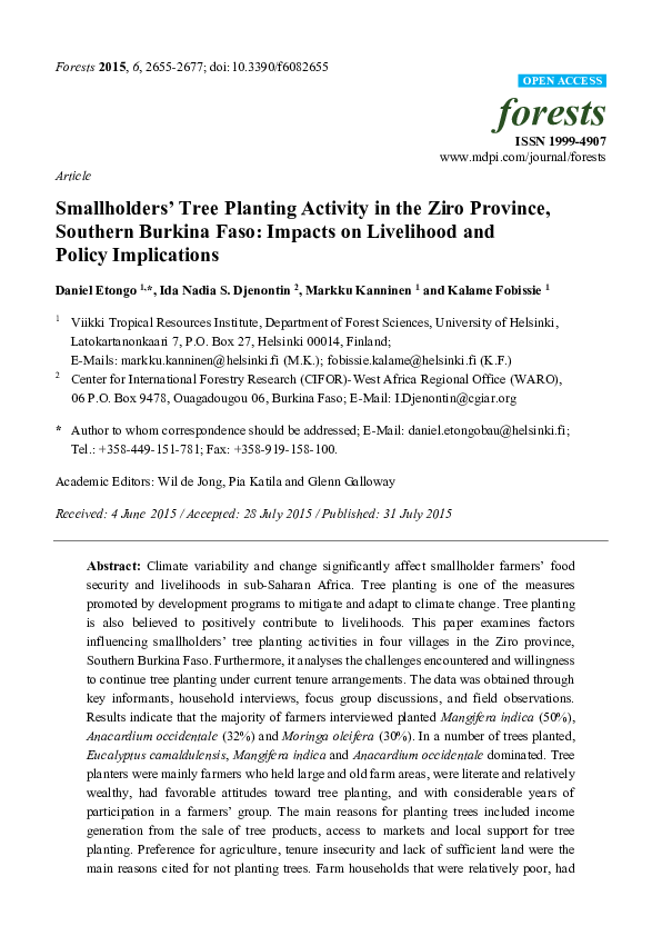(PDF) Article Smallholders ’ Tree Planting Activity in the Ziro Province, Southern Burkina Faso ...
