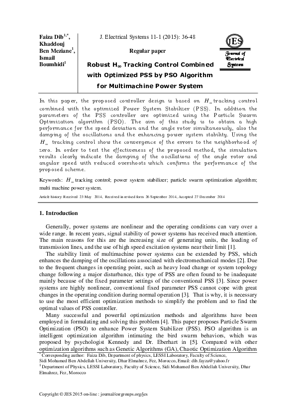 (PDF) Regular paper Robust H ∞ Tracking Control Combined with Optimized PSS by PSO Algorithm for ...