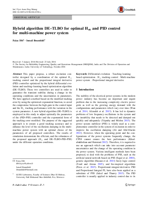 Pdf Hybrid Algorithm Detlbo For Optimal H∞ And Pid Control For Multi Machine Power System