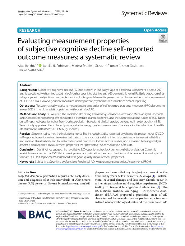 (PDF) Evaluating measurement properties of subjective cognitive decline self-reported outcome ...