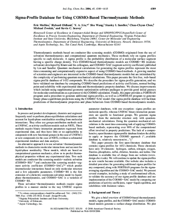 (PDF) Sigma-Profile Database for Using COSMO-Based Thermodynamic Methods