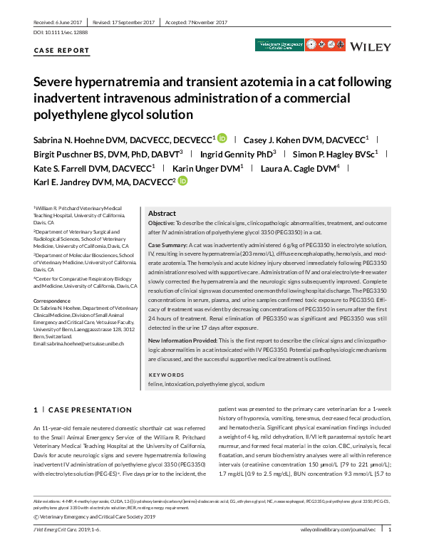 (PDF) Severe hypernatremia and transient azotemia in a cat following inadvertent intravenous ...