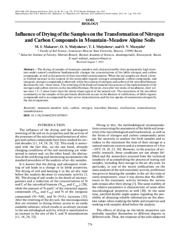 (PDF) Influence of drying of the samples on the transformation of nitrogen and carbon compounds ...