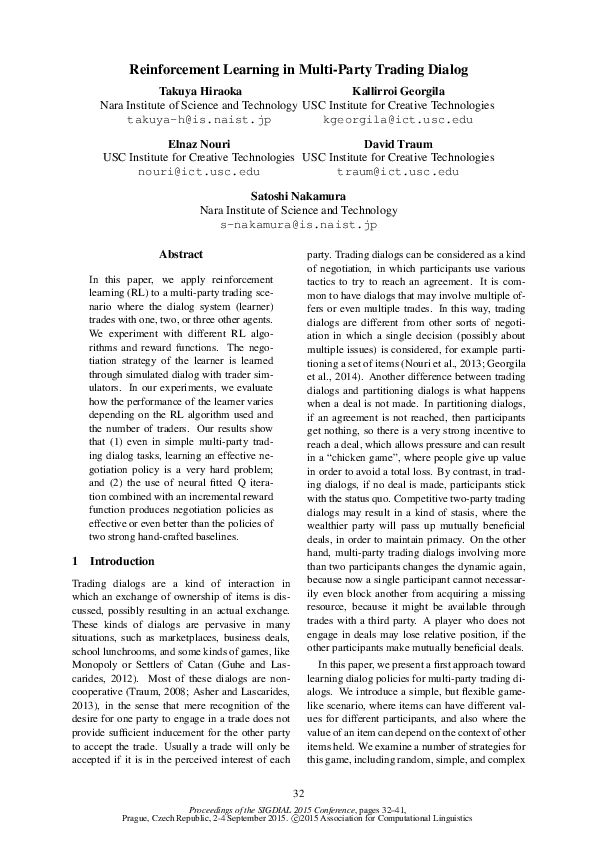 (PDF) Reinforcement Learning in Multi-Party Trading Dialog