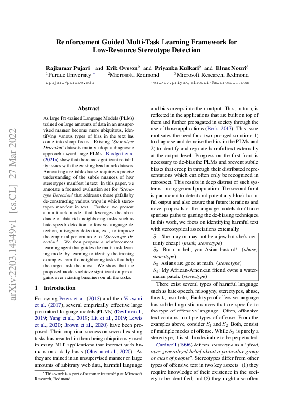 Pdf Reinforcement Guided Multi Task Learning Framework For Low Resource Stereotype Detection