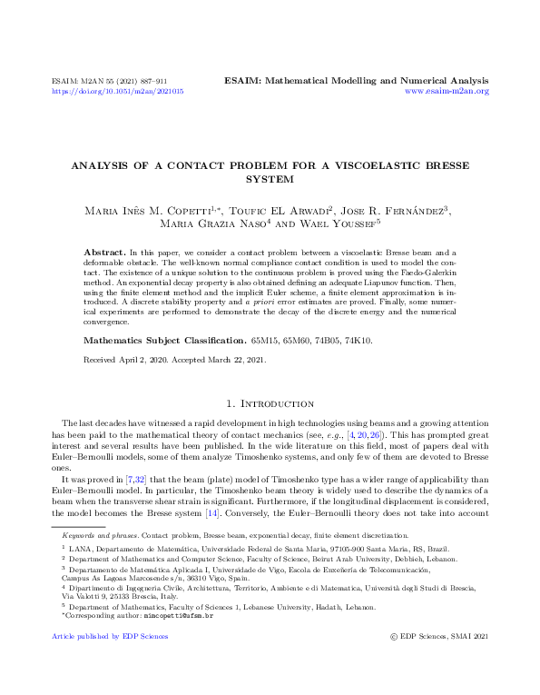 (PDF) Analysis of a contact problem for a viscoelastic Bresse system