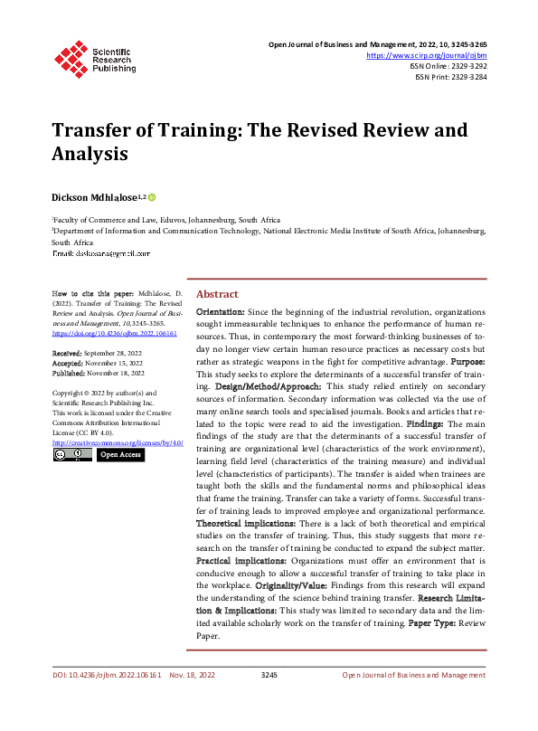 (PDF) Transfer of Training: The Revised Review and Analysis