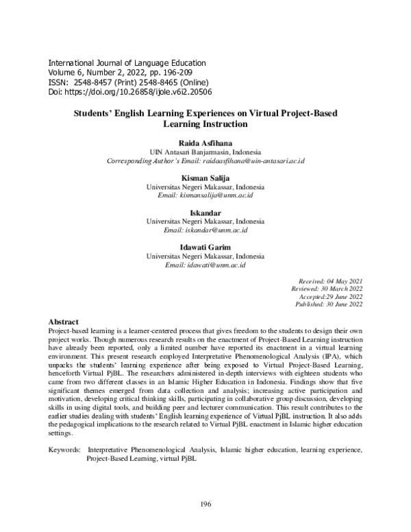 (PDF) Students’ English Learning Experiences on Virtual Project-Based ...