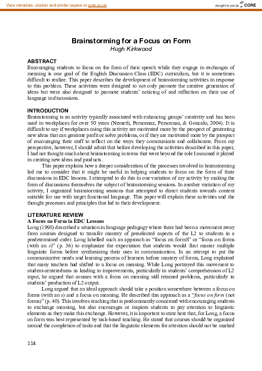 (PDF) Brainstorming for a Focus on Form