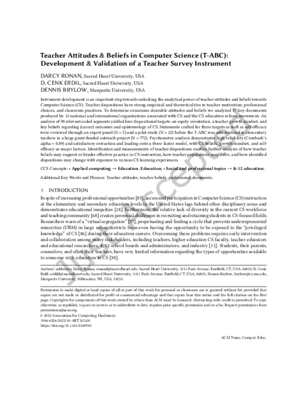 (PDF) Teacher Attitudes & Beliefs in Computer Science (T-ABC): Development & Validation of a ...