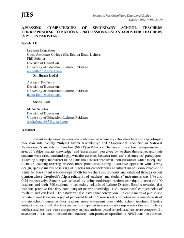 (PDF) ASSESSING COMPETENCIES OF SECONDARY SCHOOL TEACHERS CORRESPONDING ...