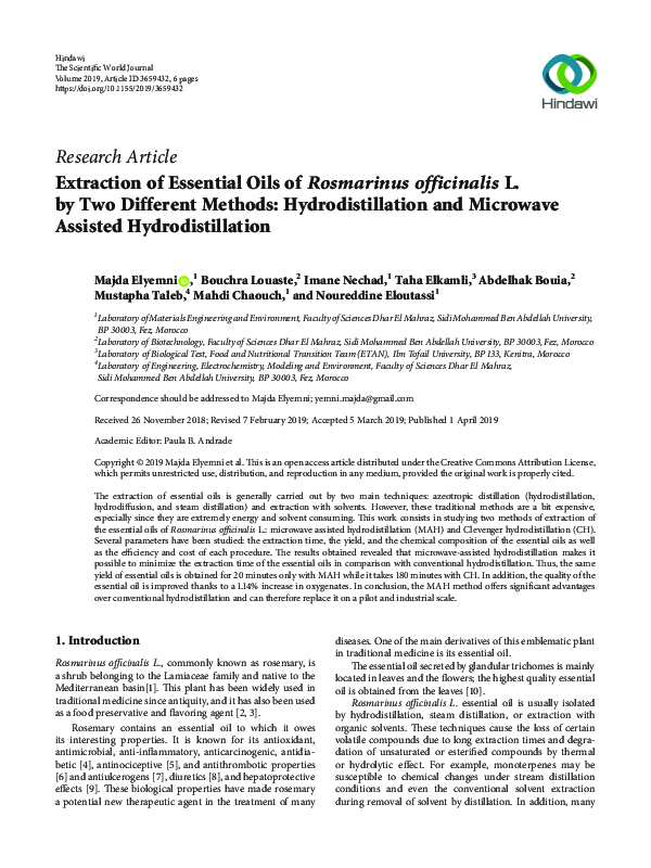 (PDF) Extraction of Essential Oils of Rosmarinus officinalis L. by Two Different Methods ...