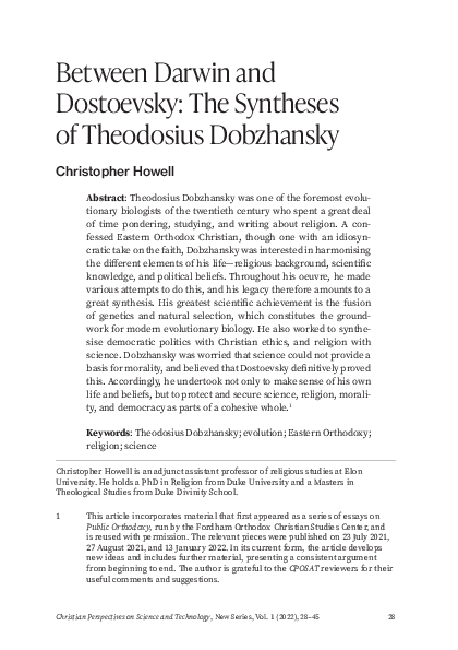 (PDF) Between Darwin and Dostoevsky: The Syntheses of Theodosius Dobzhansky