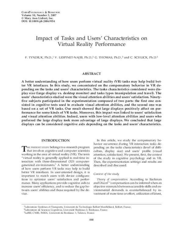(PDF) Impact of Tasks and Users' Characteristics on Virtual Reality Performance