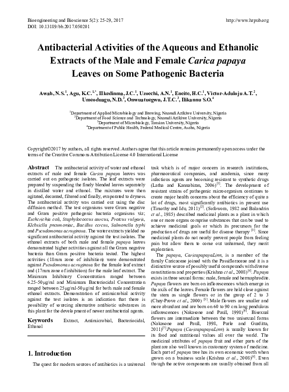 (PDF) Antibacterial Activities of the Aqueous and Ethanolic Extracts of the Male and Female ...