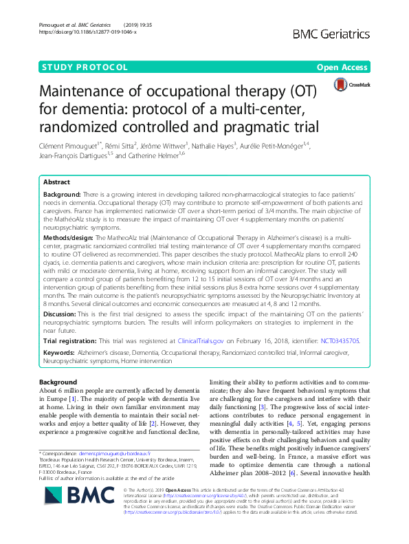 (PDF) Maintenance of occupational therapy (OT) for dementia: protocol of a multi-center ...