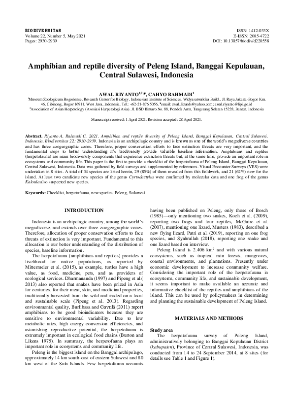 (PDF) Amphibian and reptile diversity of Peleng Island, Banggai ...