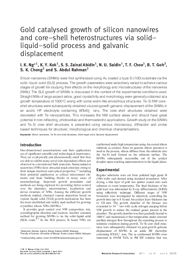 (PDF) Gold catalysed growth of silicon nanowires and core–shell heterostructures via solid ...