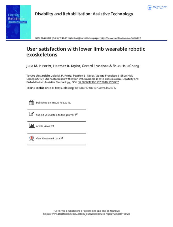 (PDF) User satisfaction with lower limb wearable robotic exoskeletons