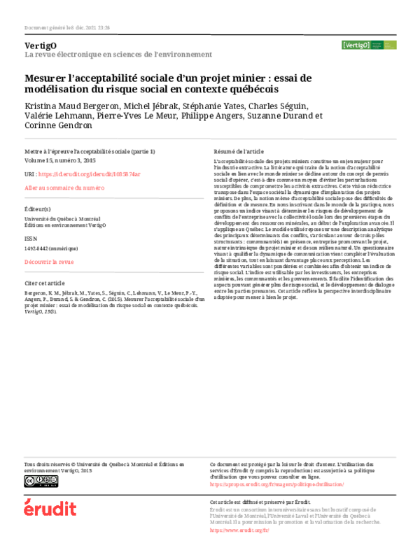 (PDF) Mesurer l’acceptabilité sociale d’un projet minier : essai de modélisation du risque ...