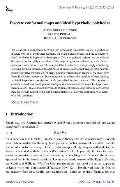 Pdf Discrete Conformal Maps And Ideal Hyperbolic Polyhedra Ulrich Pinkall