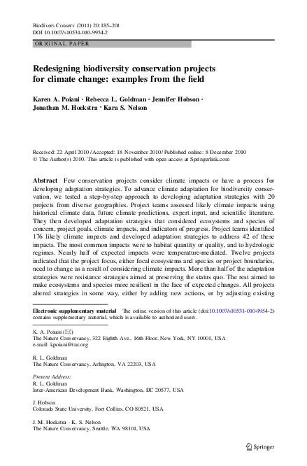 (PDF) Redesigning biodiversity conservation projects for climate change ...