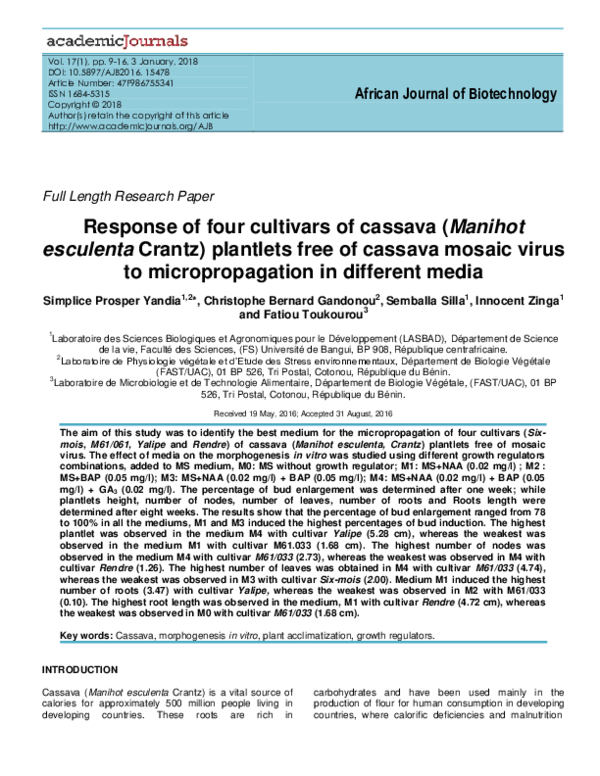 (PDF) Response of four cultivars of cassava (Manihot esculenta Crantz) plantlets free of cassava ...
