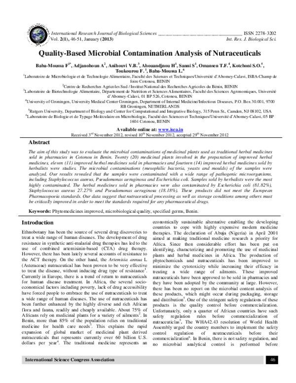 (PDF) Quality-Based Microbial Contamination Analysis of Nutraceuticals