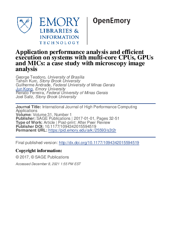 Pdf Application Performance Analysis And Efficient Execution On Systems With Multi Core Cpus