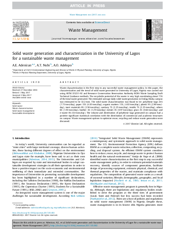 (PDF) Solid waste generation and characterization in the University of ...