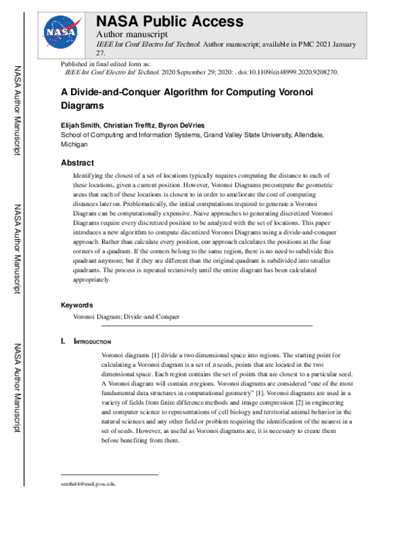 Pdf A Divide And Conquer Algorithm For Computing Voronoi Diagrams